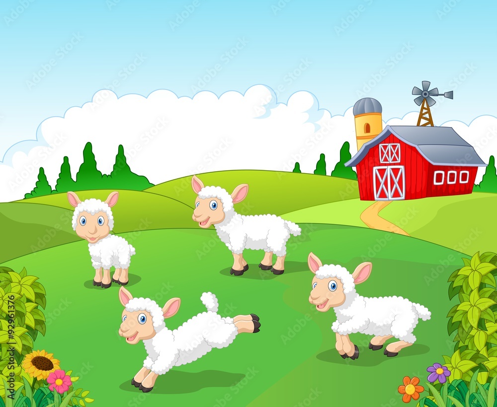 Cute cartoon sheep collection set with farm background Stock Vector ...