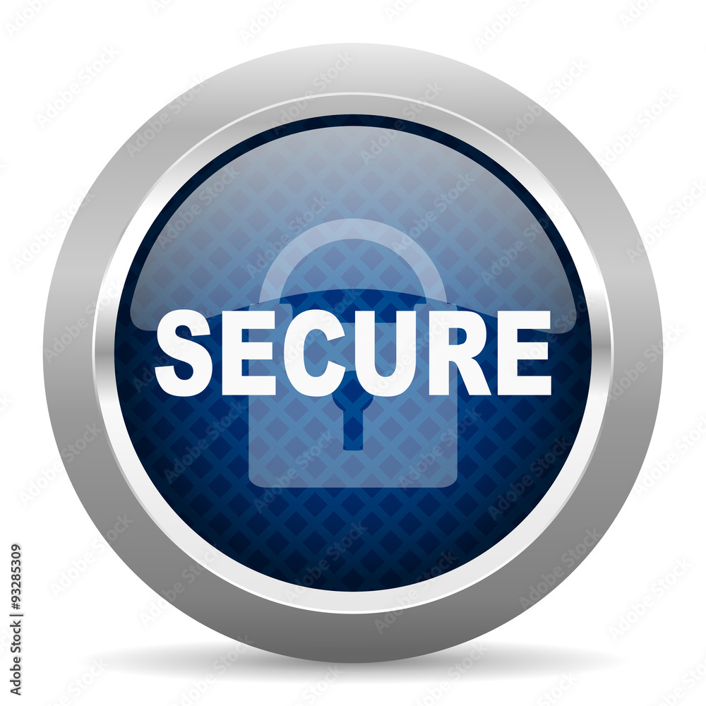 secure blue circle glossy web icon on white background, round button ...