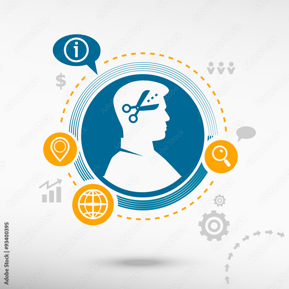 Scissors icon with cut lines and male avatar profile picture Stock ...
