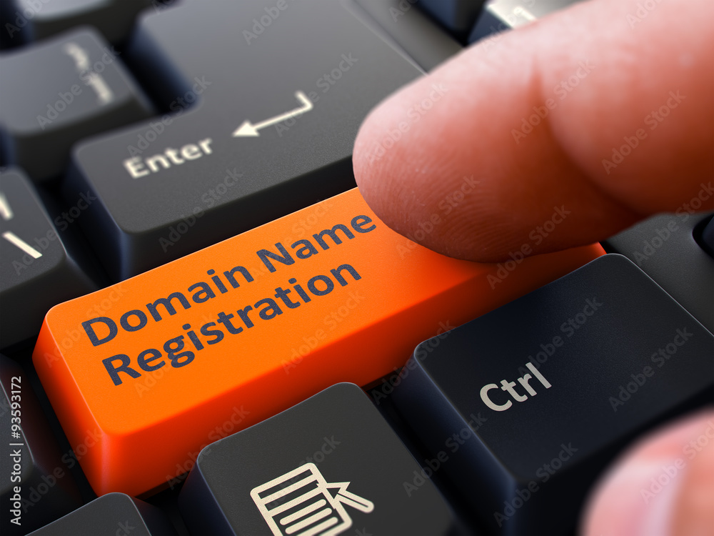 Finger Presses Orange Keyboard Button Domain Name Registration. Stock ...