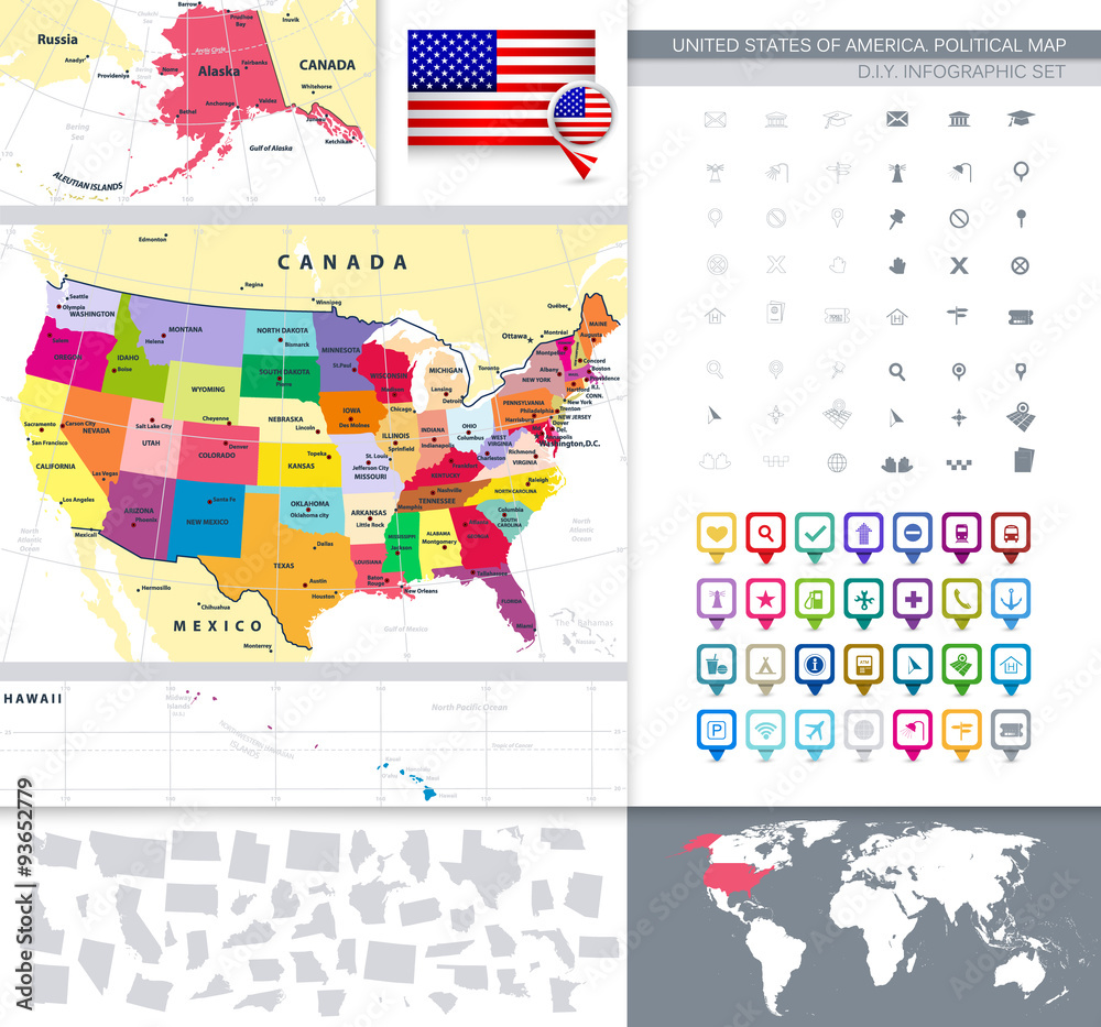 USA Detailed Political Map With It's States and Colorful Square Stock ...