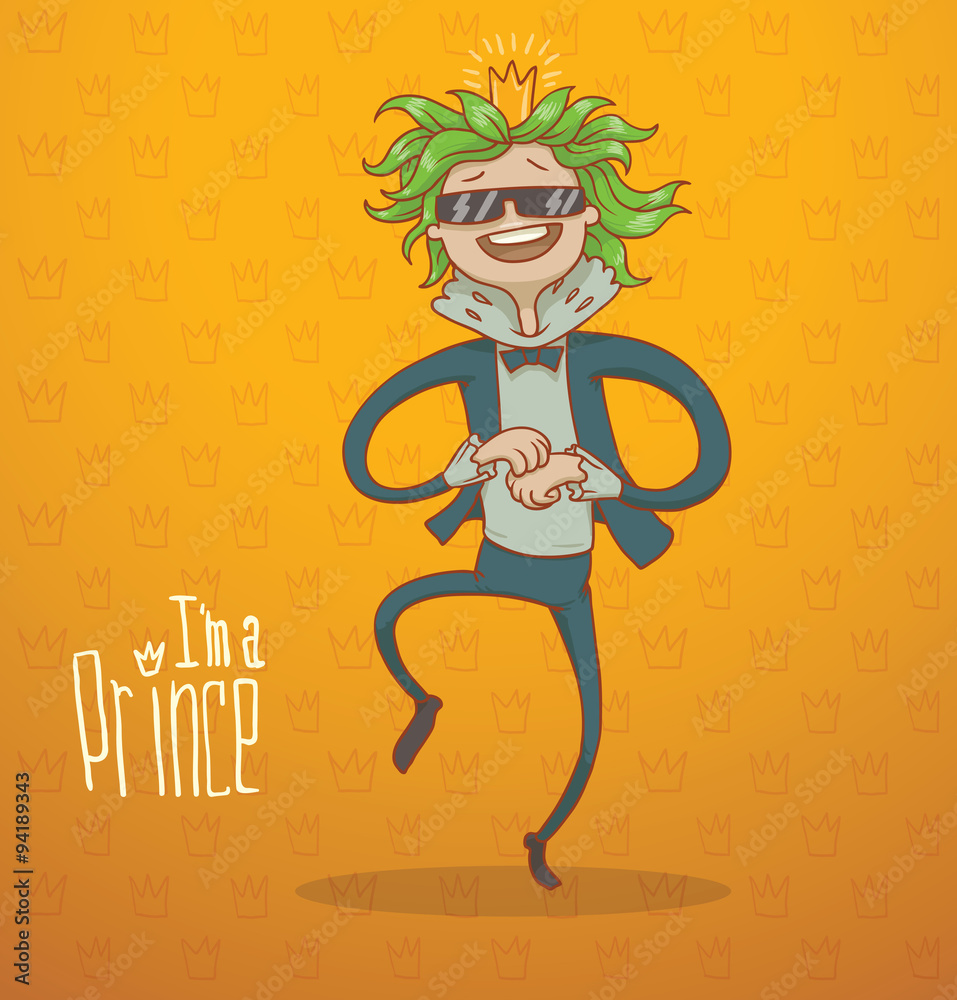 Vector cartoon image of a modern prince with green hair with a crown on ...