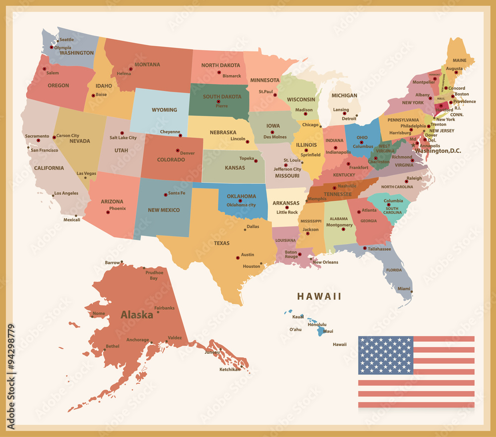 Vintage Color Political map of the USA Stock Vector | Adobe Stock