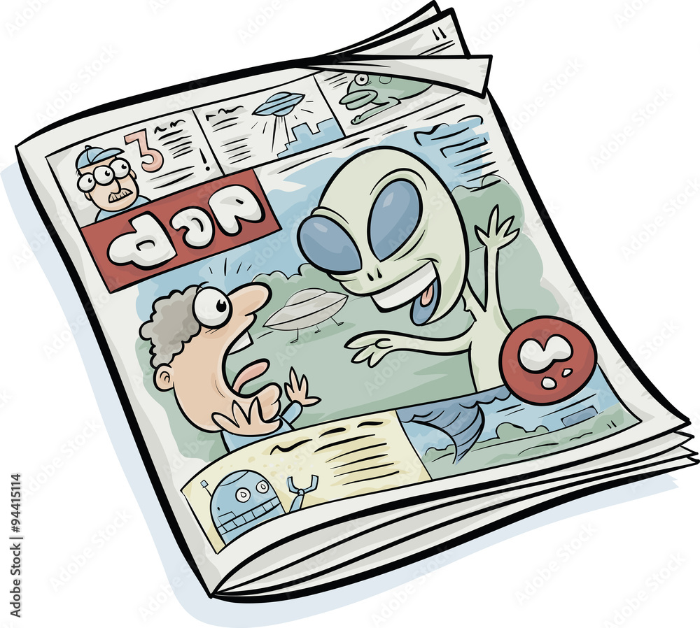 A cartoon of a trashy tabloid newspaper with a story about aliens on ...
