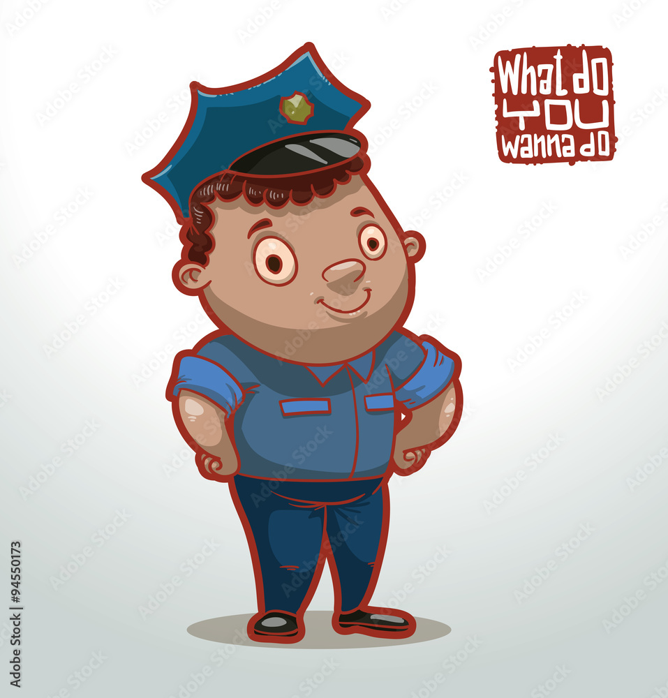 Vector cartoon image of a child in the blue cap and police uniform on a ...
