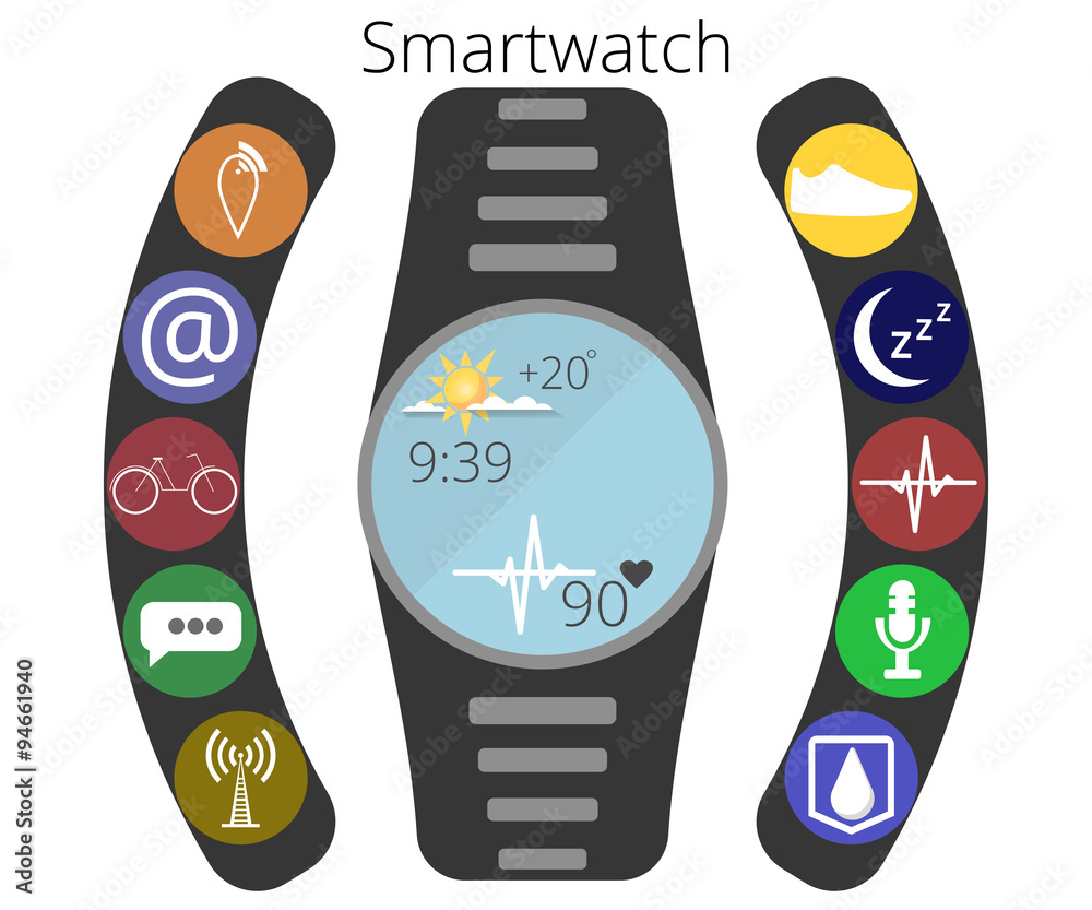 Smart watch. Application icons and function of smart hours. Fitness ...