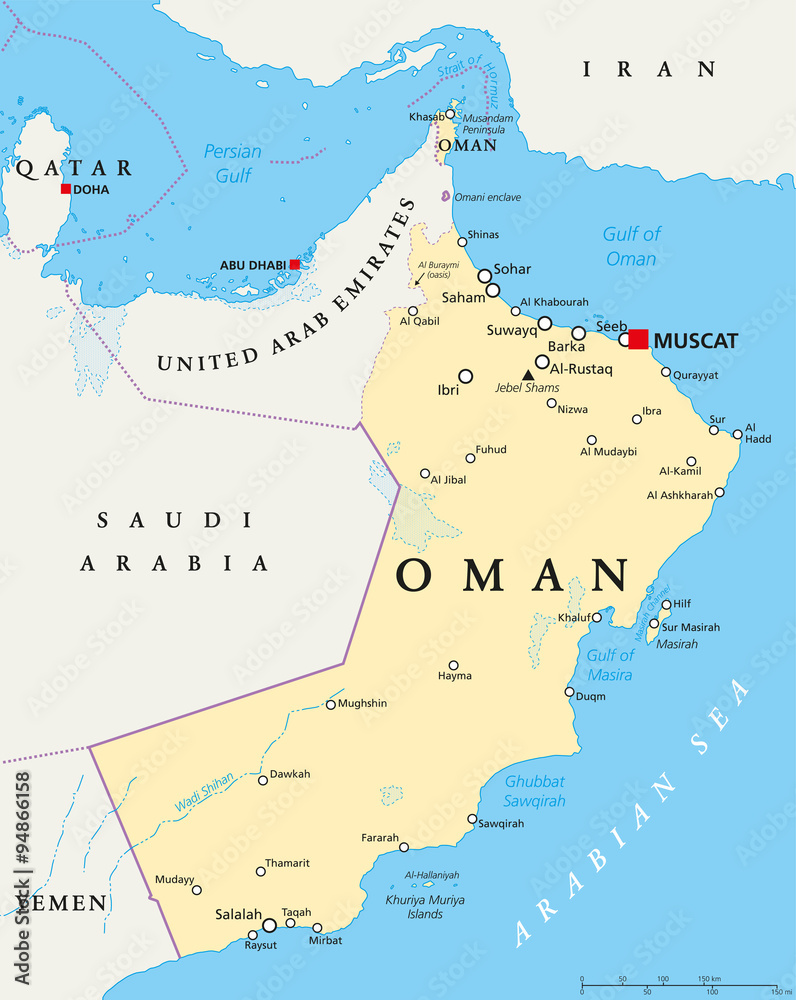 Oman political map with capital Muscat, national borders and important ...