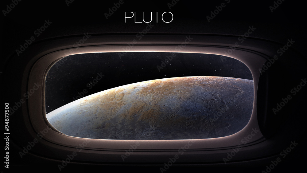 Pluto - Beauty of solar system planet in spaceship window porthole ...