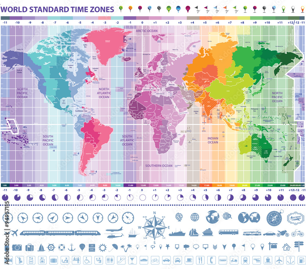 world standard time zones map with clocks, navigation and travel icons ...