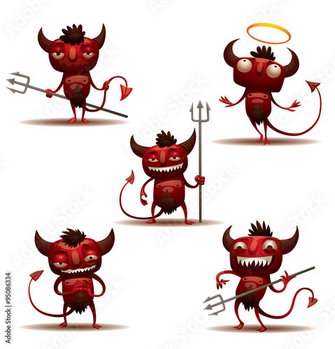Vector Little Red Devils set. Cartoon image of five red little devils in different poses on a ...