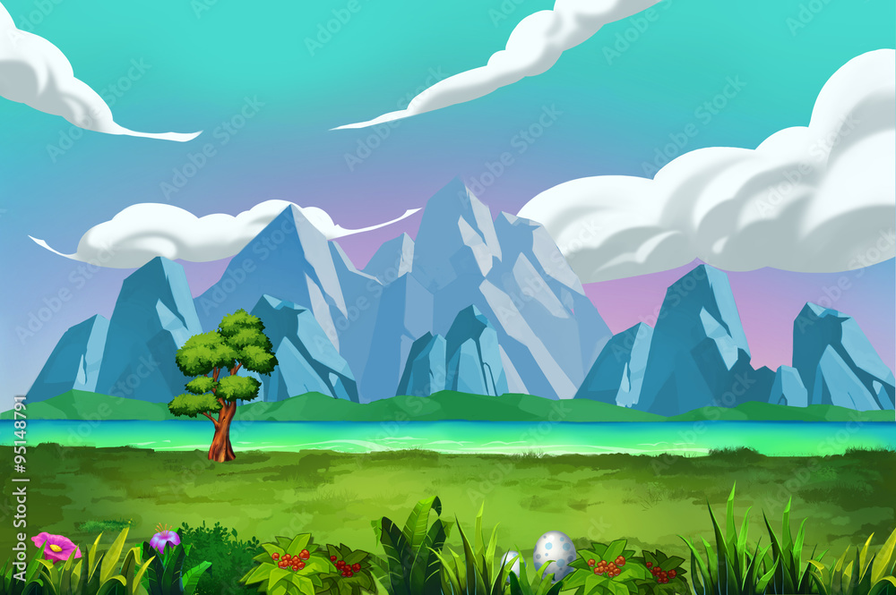 Illustration The Good View of River Bank in front of the Mountains. Realistic Cartoon Style Scene Wallpaper Background Design. Stock Illustration Adobe Stock