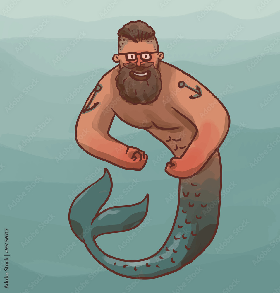 Vector cartoon image of a mermaid male with black hair and beard ...
