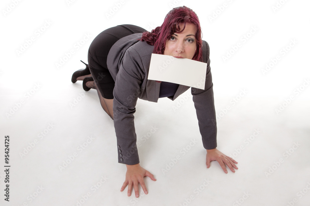 woman crawling with card in her mouth Stock Photo | Adobe Stock