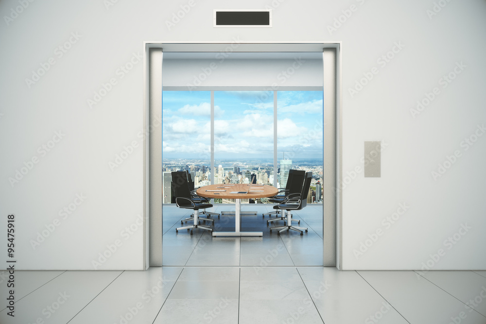 Conference room with city view is appeared from the elevator doo Stock ...