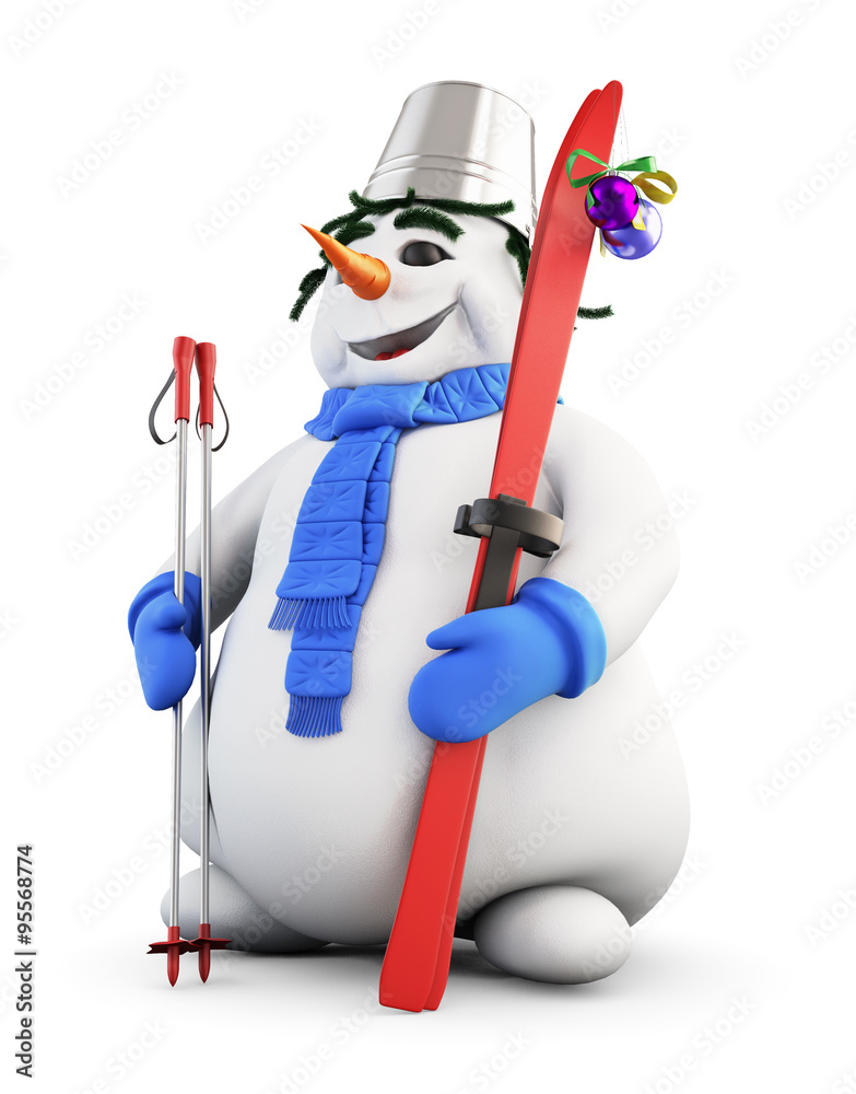 Snowman with skis in hand and bucket on head Stock Illustration | Adobe ...