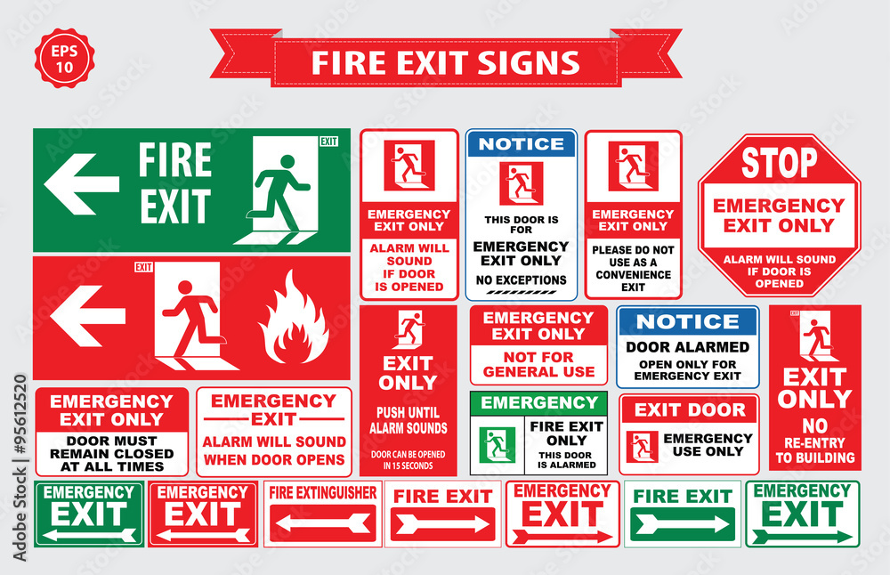 Set of emergency exit Sign (fire exit, emergency exit, fire assembly ...