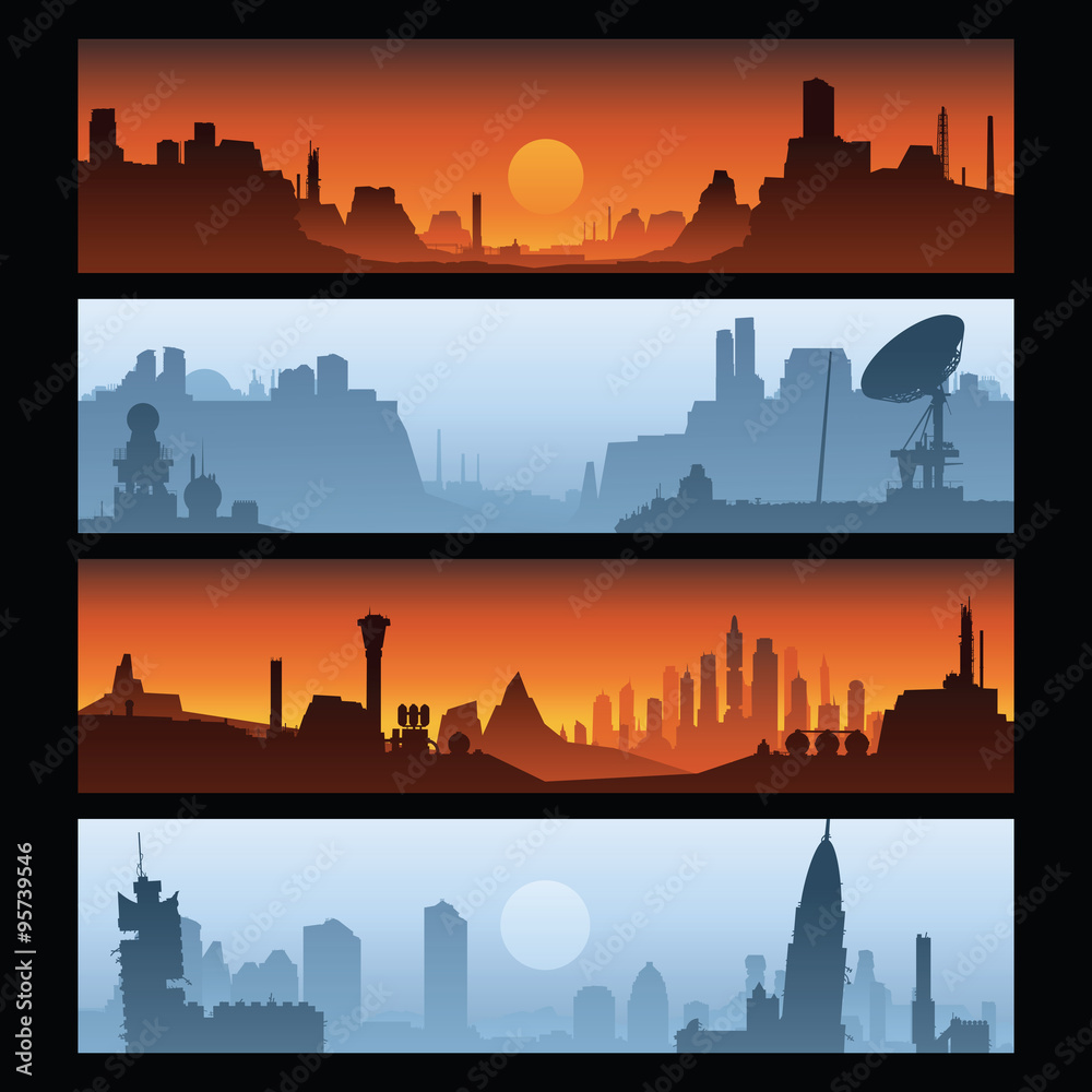 Four cartoon banner silhouettes of desolate, apocalyptic landscapes ...