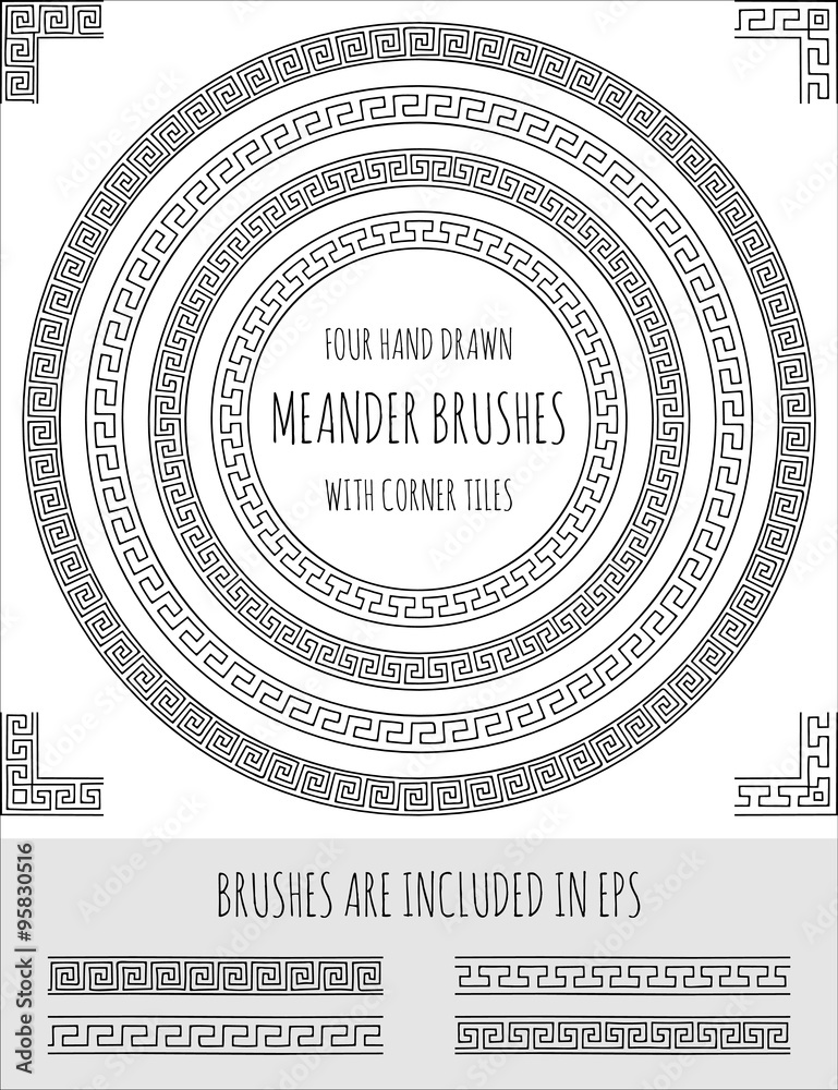Vector set of four hand drawn four meander brushes with corner tiles ...