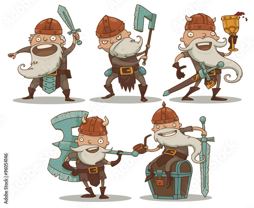 Vector Set Of Dwarfs Cartoon Image Of Five Funny Dwarfs With White Beards And Mustaches In
