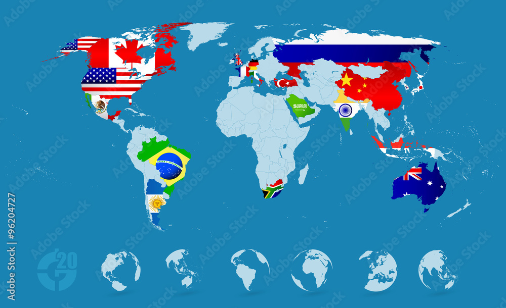 G20 Country Flags On Detailed World map Stock Vector | Adobe Stock