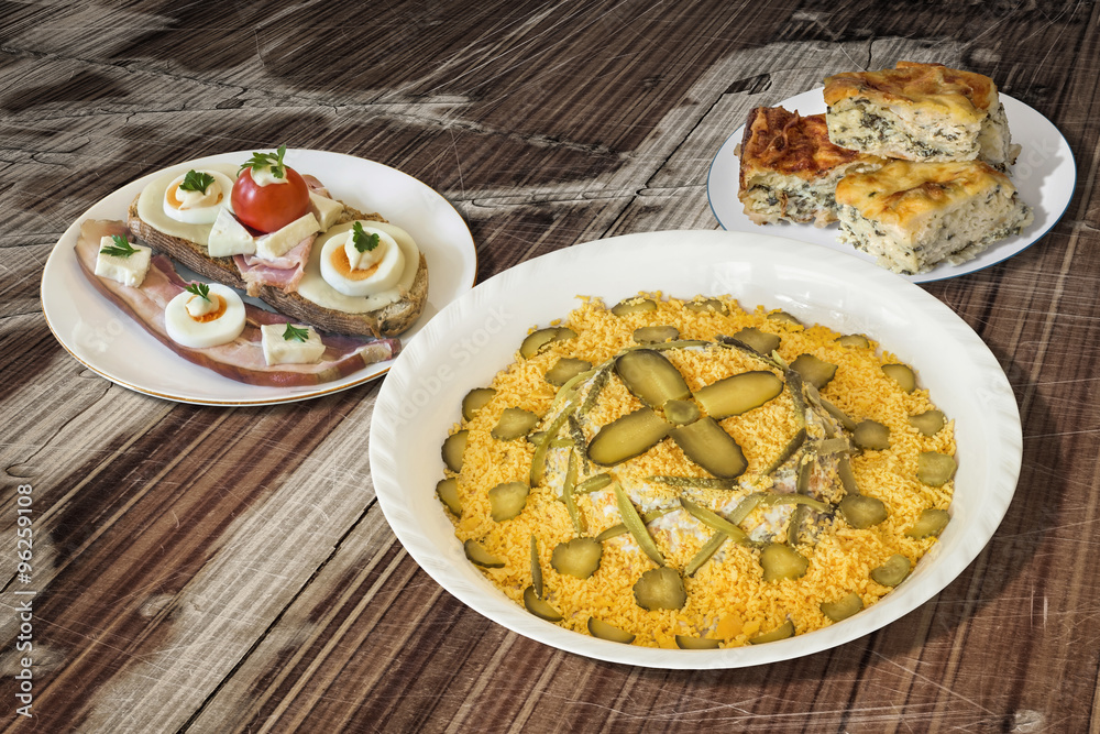 Russian Salad with Bacon Egg and Cheese Sandwich and Spinach Cheese Pie ...