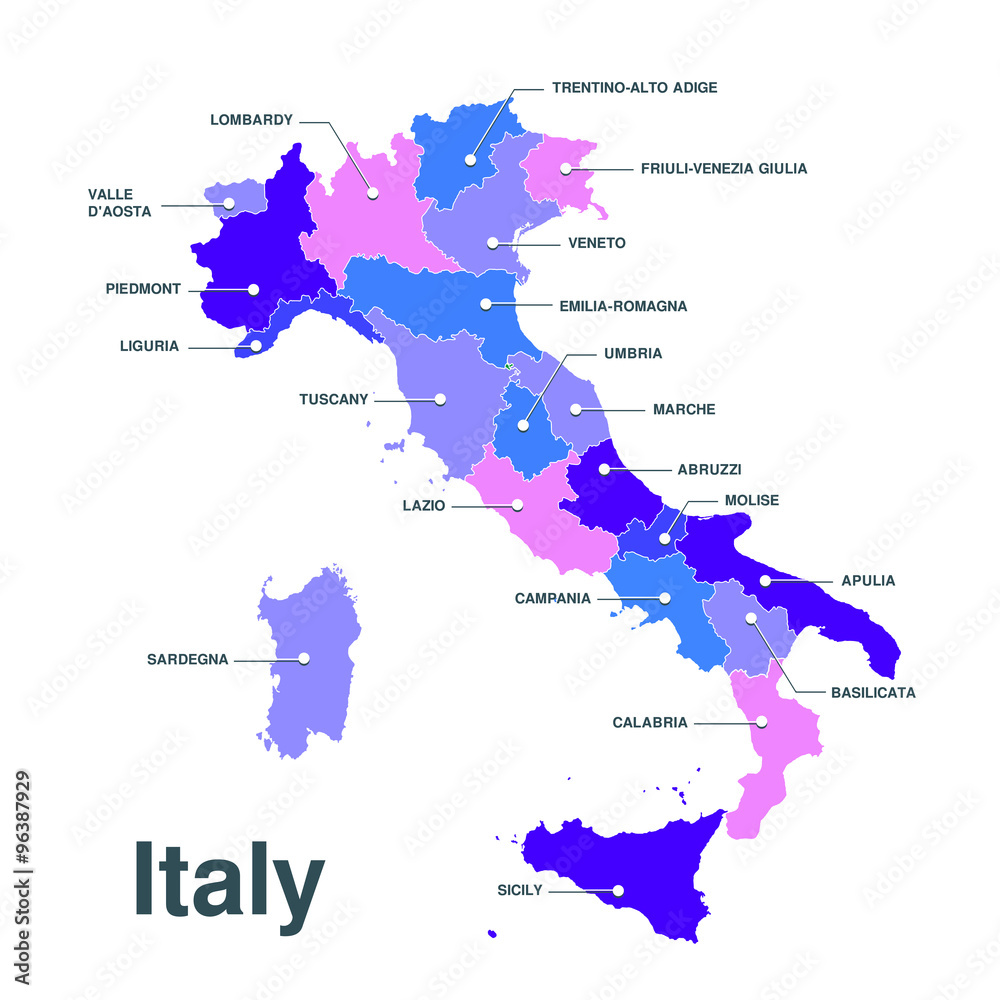 Map of Italy. Mappa delle regioni Italia Stock Vector | Adobe Stock