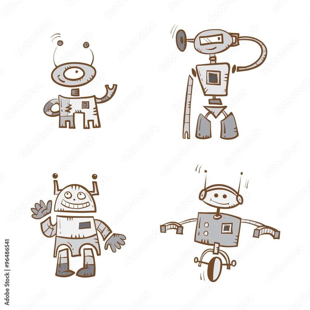 Cartoon robots set. Vector image. Doodle stile. Stock Vector | Adobe Stock