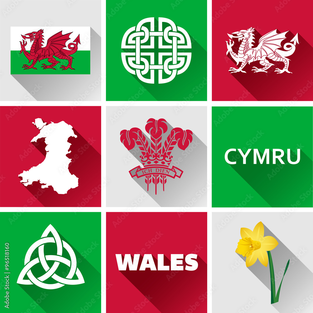 Wales Glossy Icon Set. Set of vector graphic flat icons representing ...