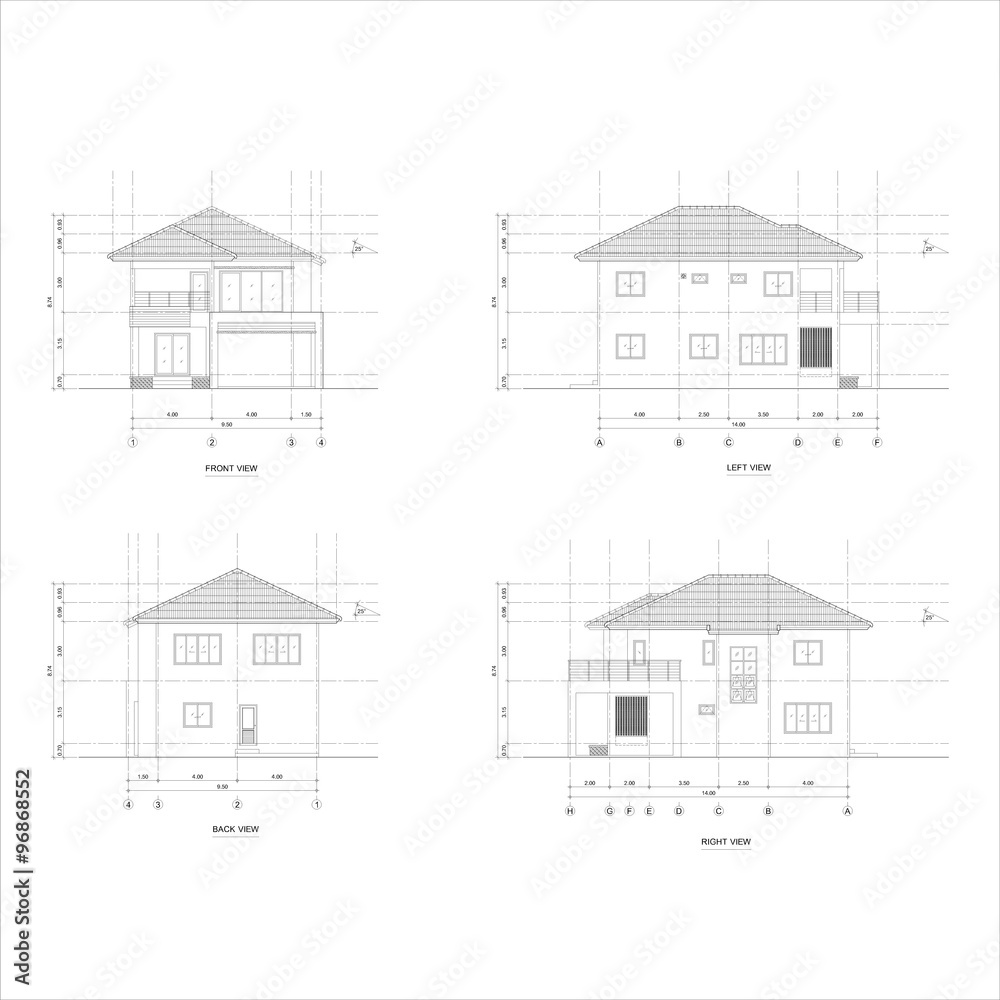 4 elevation house Drawing Stock Illustration | Adobe Stock