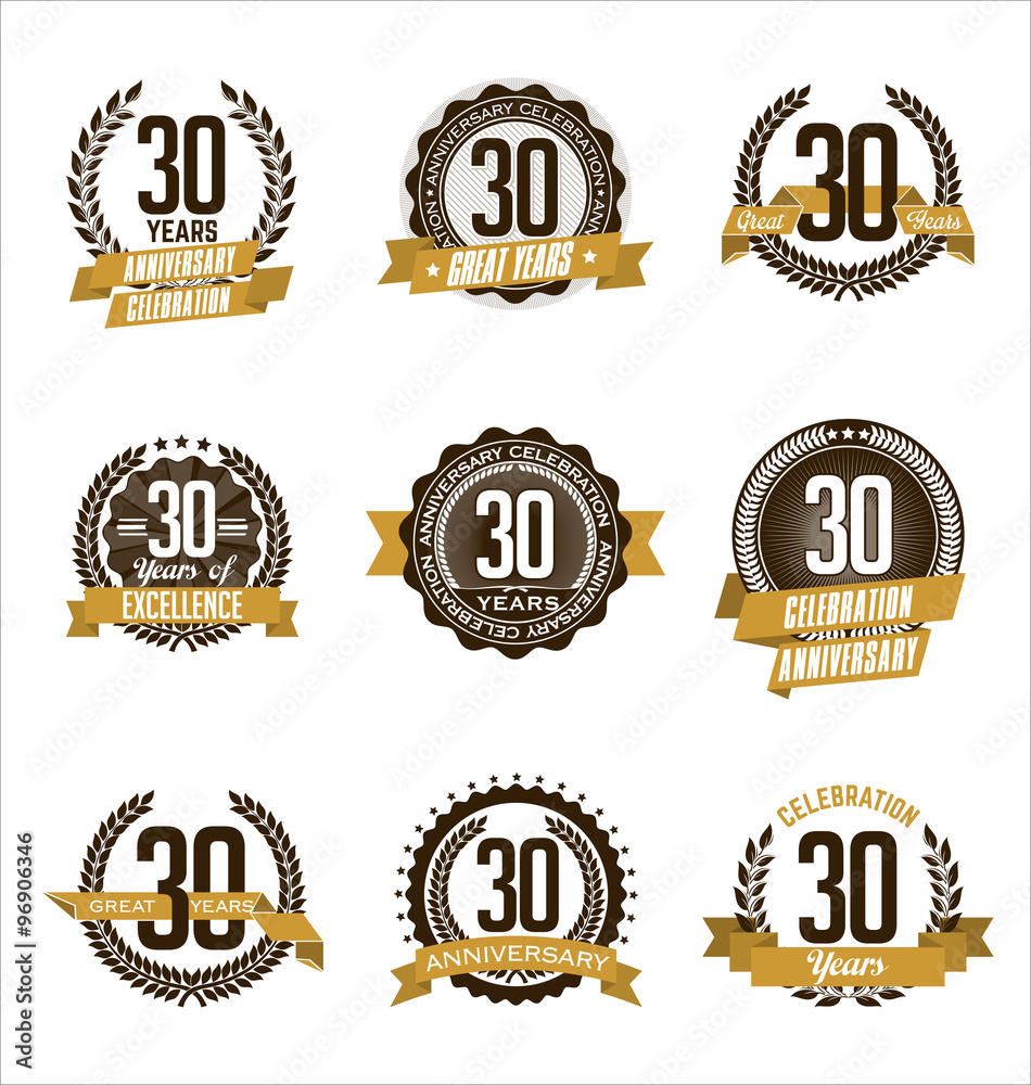 Vector Set of Retro Anniversary Gold Badges 30th Years Celebrating ...