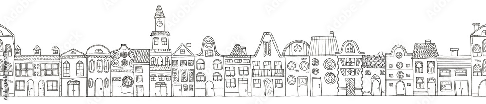 Cartoon hand drawing town houses seamless border isolated. Coloring ...