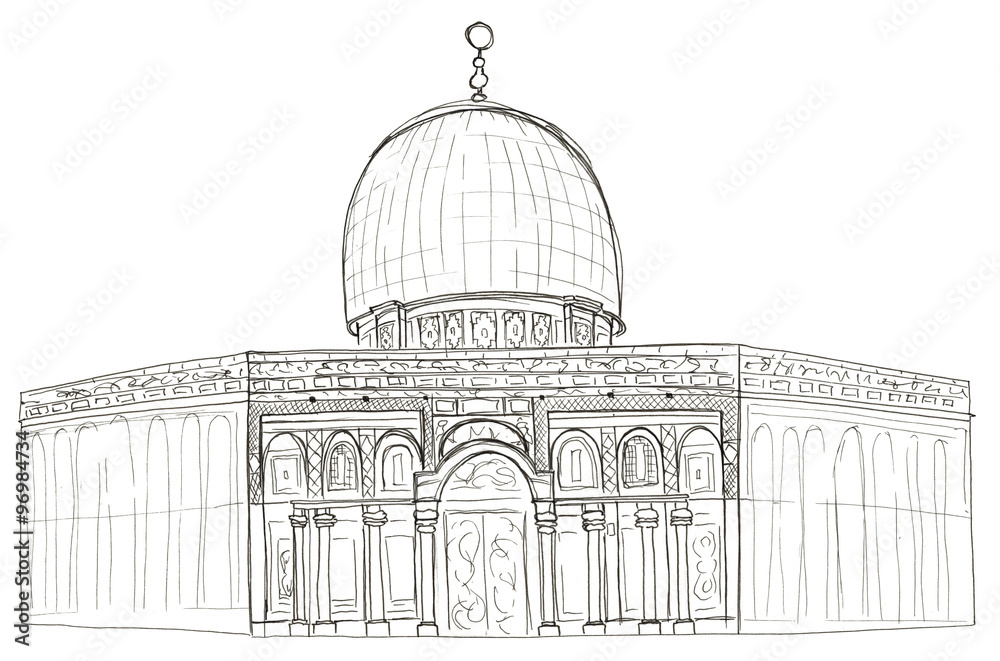 Hand drawn architecture sketch of Israel Jerusalem Mosque Dome of the ...