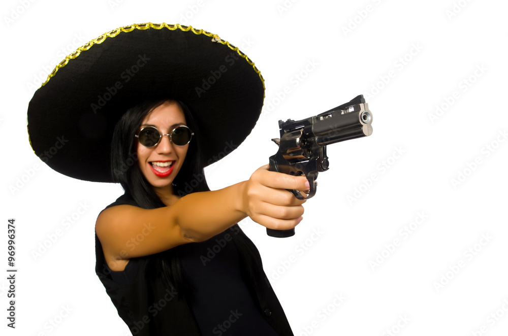 Young mexican woman with gun on white Stock Photo | Adobe Stock