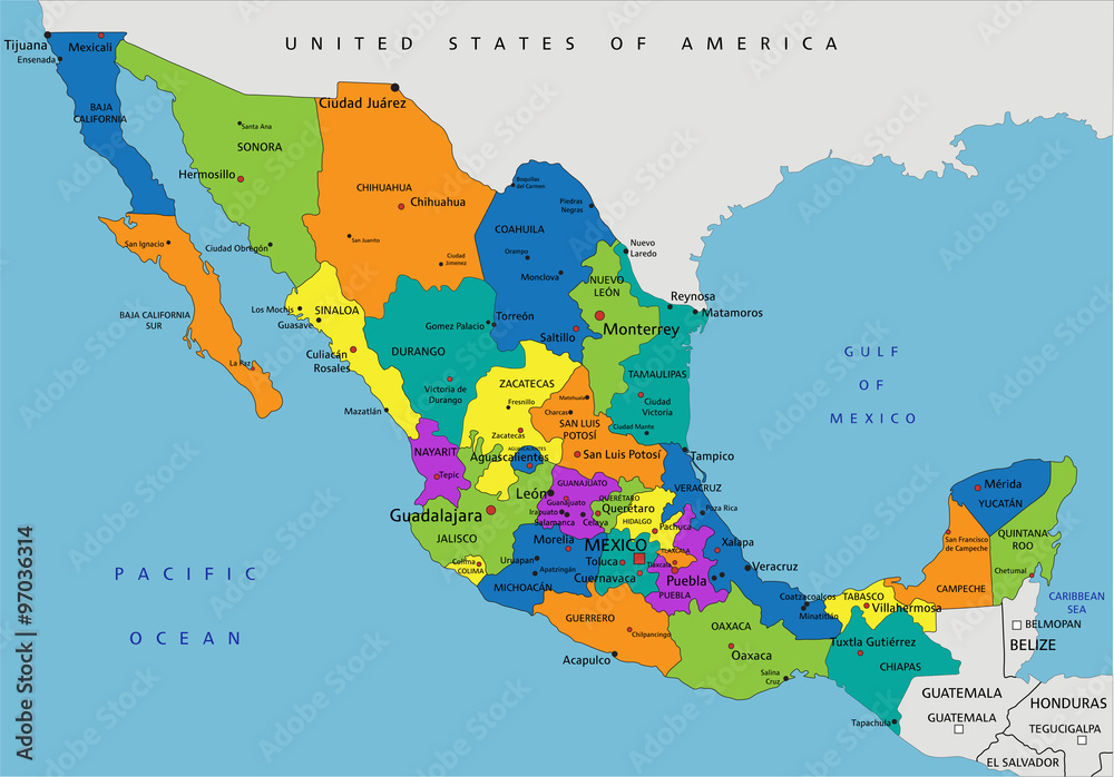 Colorful Mexico political map with clearly labeled, separated layers ...