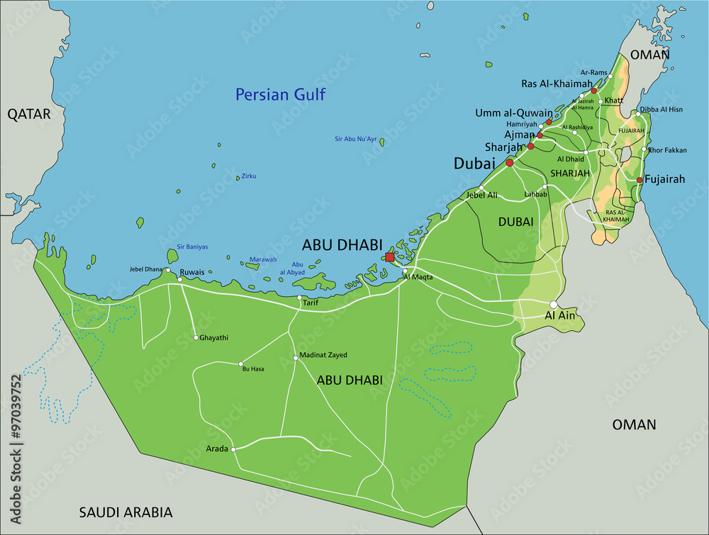 High detailed United Arab Emirates physical map with labeling. Stock ...