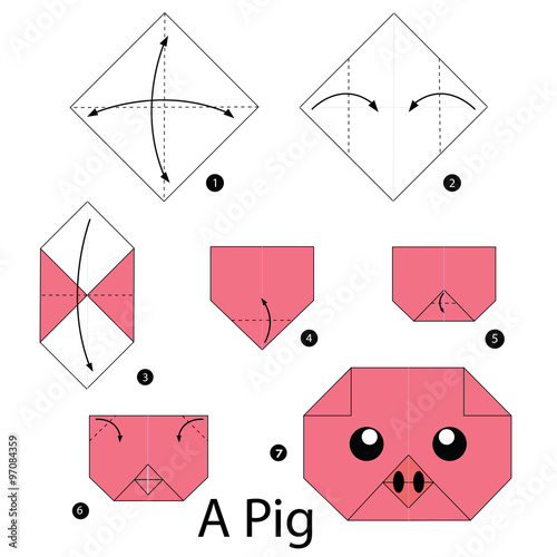 step by step instructions how to make origami A Pig. Stock Vector ...