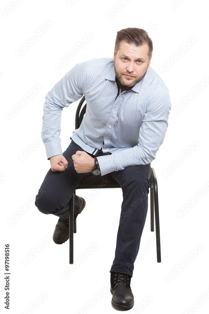 man sitting on chair. Isolated white background. Body language. gesture ...