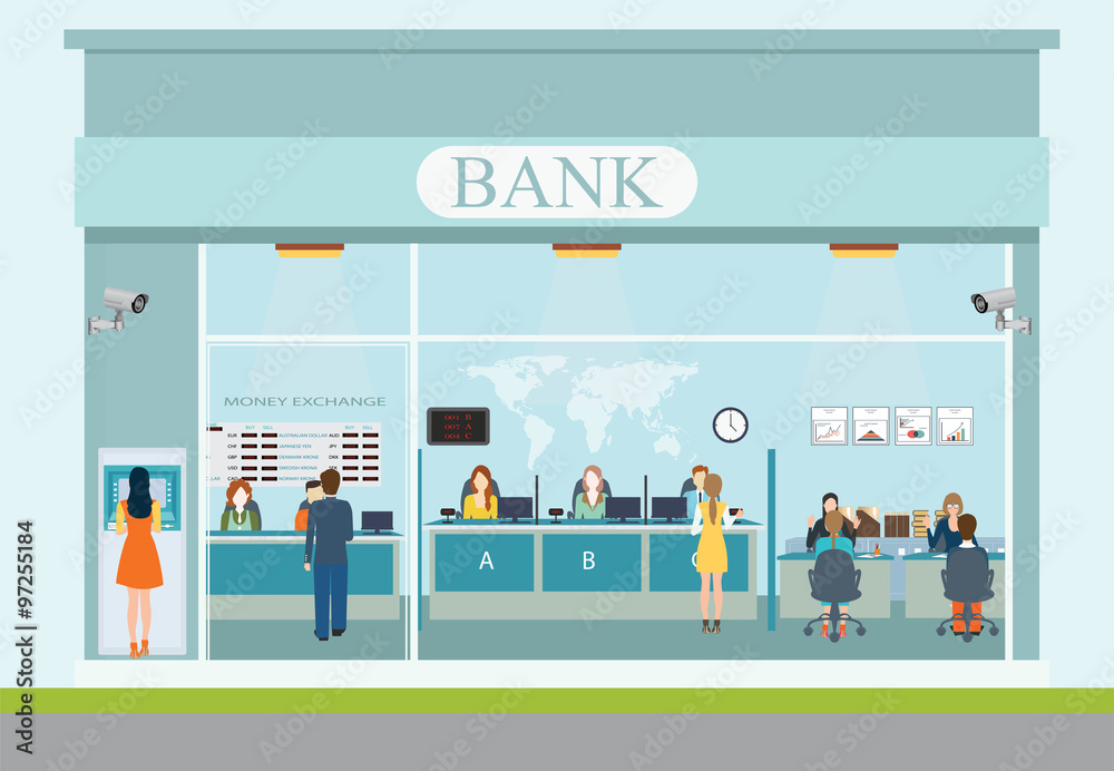 Bank building exterior and bank interior. Stock Vector | Adobe Stock