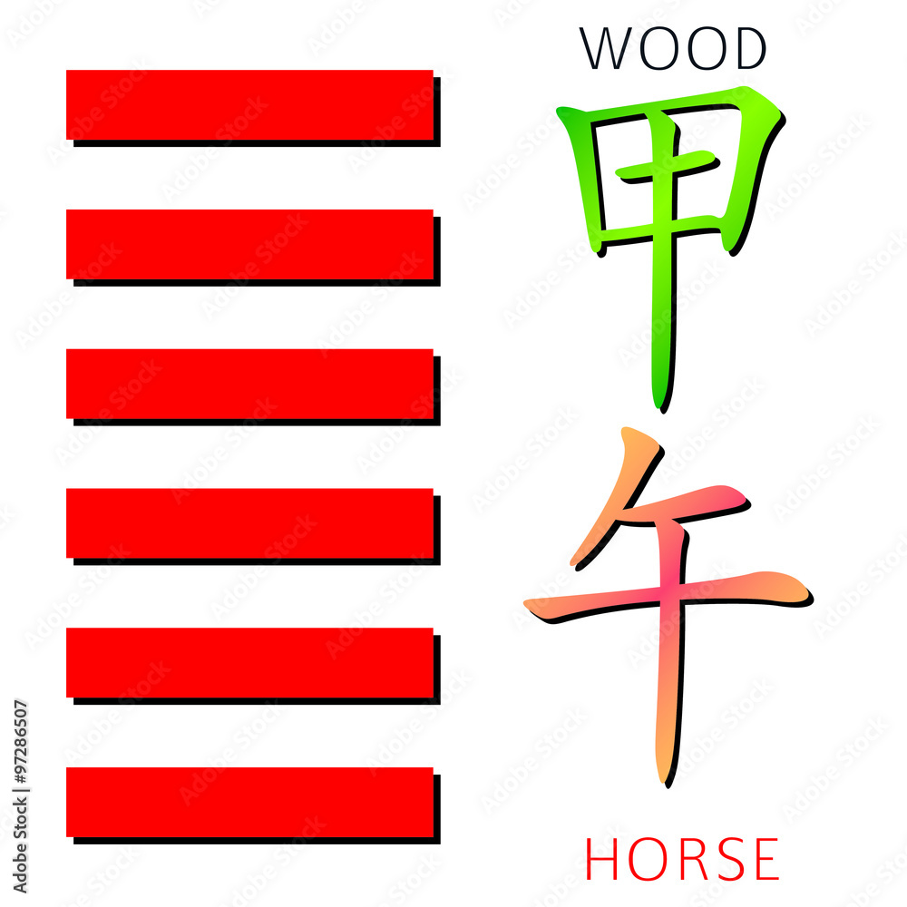 Vektor Feng shui, bazi, wood, horse, dzja, wu, zodiac, 60 dzja dzi, i ...