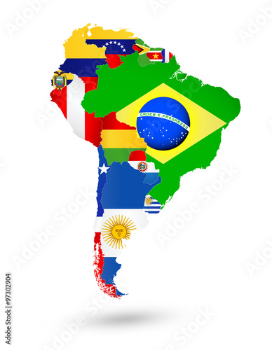 South America Map with flags and location on world map Stock Vector ...
