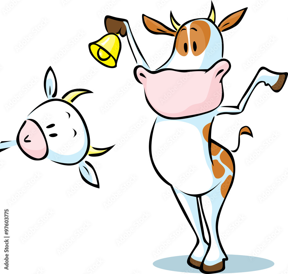 cheerful cow ringing a bell and goat peeking around the corner - vector ...