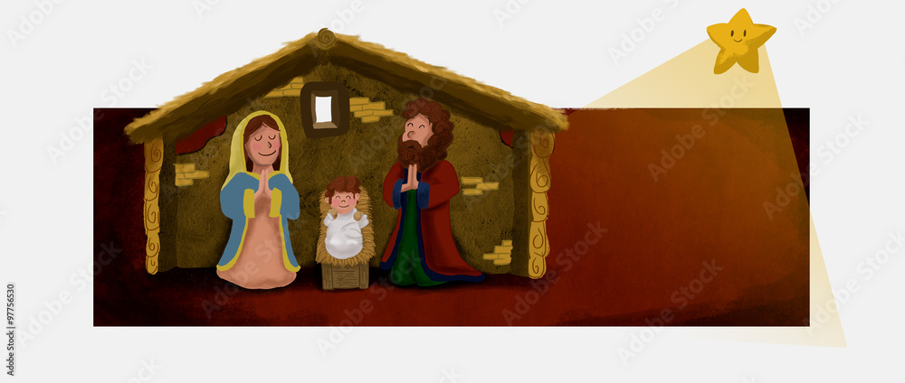 Portal de Belén y estrella de Navidad. Dibujo de postal navideña con la ...