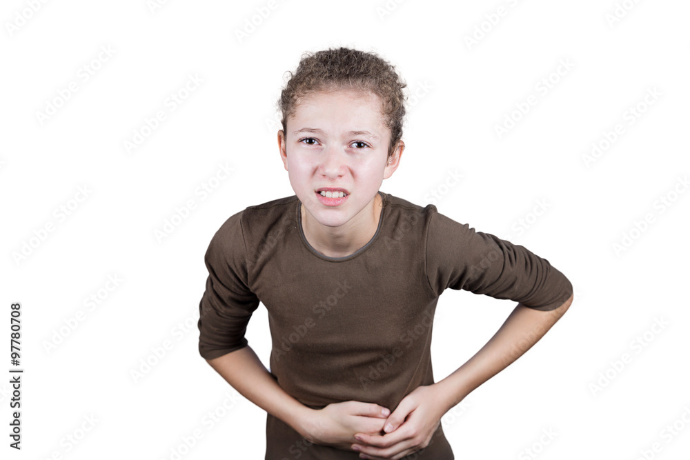 Little Girl stomach ache doubled over in pain.Tenager girl having ...