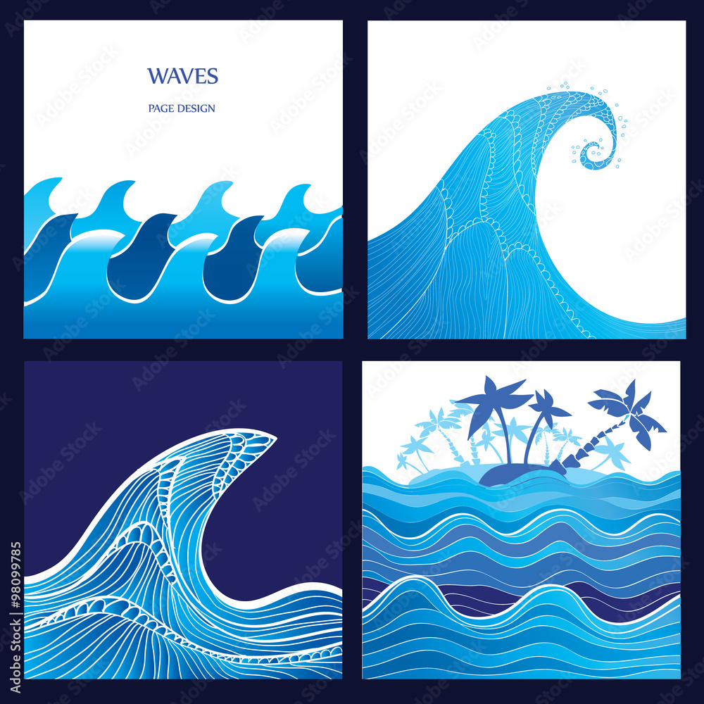 Sea, Wave, Ocean, tsunami vector illustration - set of 4 water ...