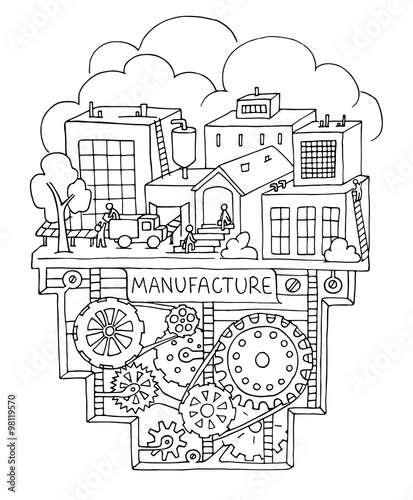 Sketch of factory work with working people, workshop, production ...