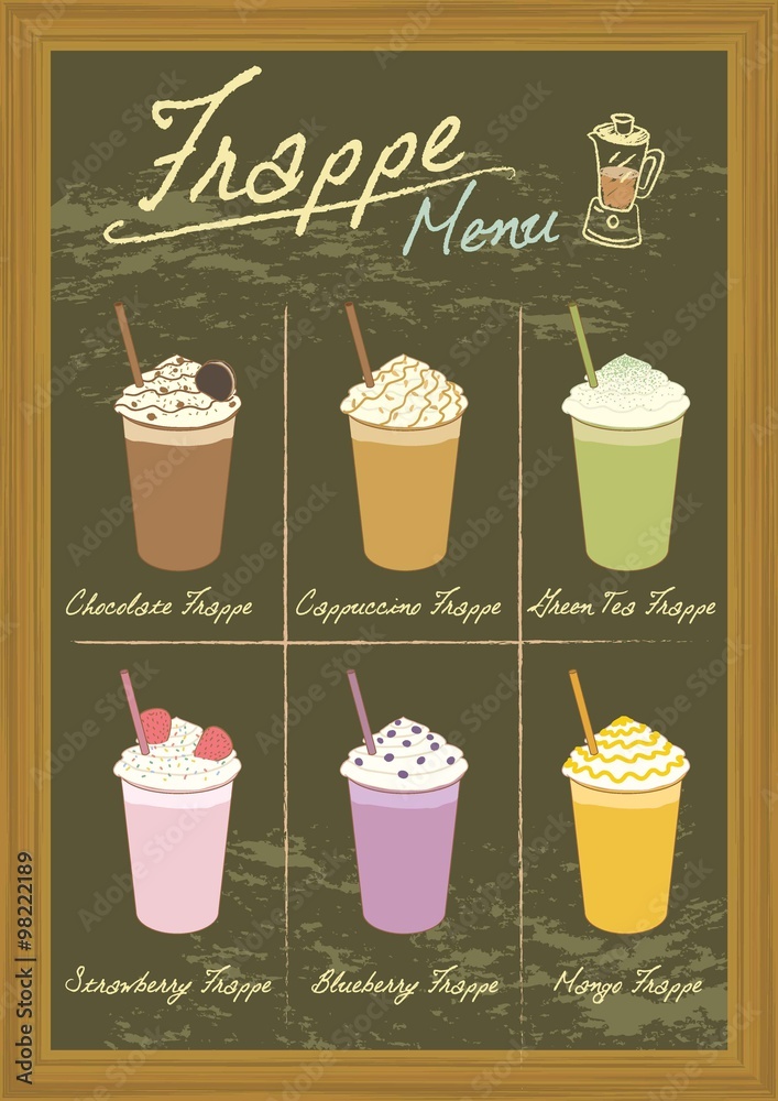 Vector drawing beverage frappe on blackboard.Menu for coffee or bakery ...
