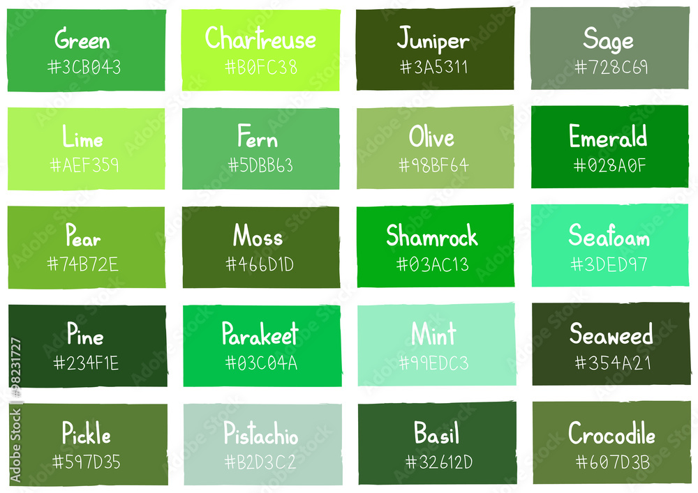 Green Tone Color Shade Background with Code and Name Illustration Stock ...