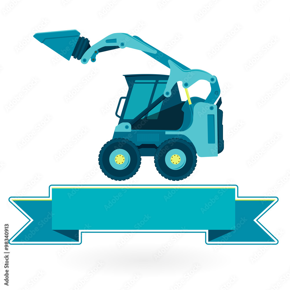 Blue small digger builds roads, loads building material. Bagger digging ...