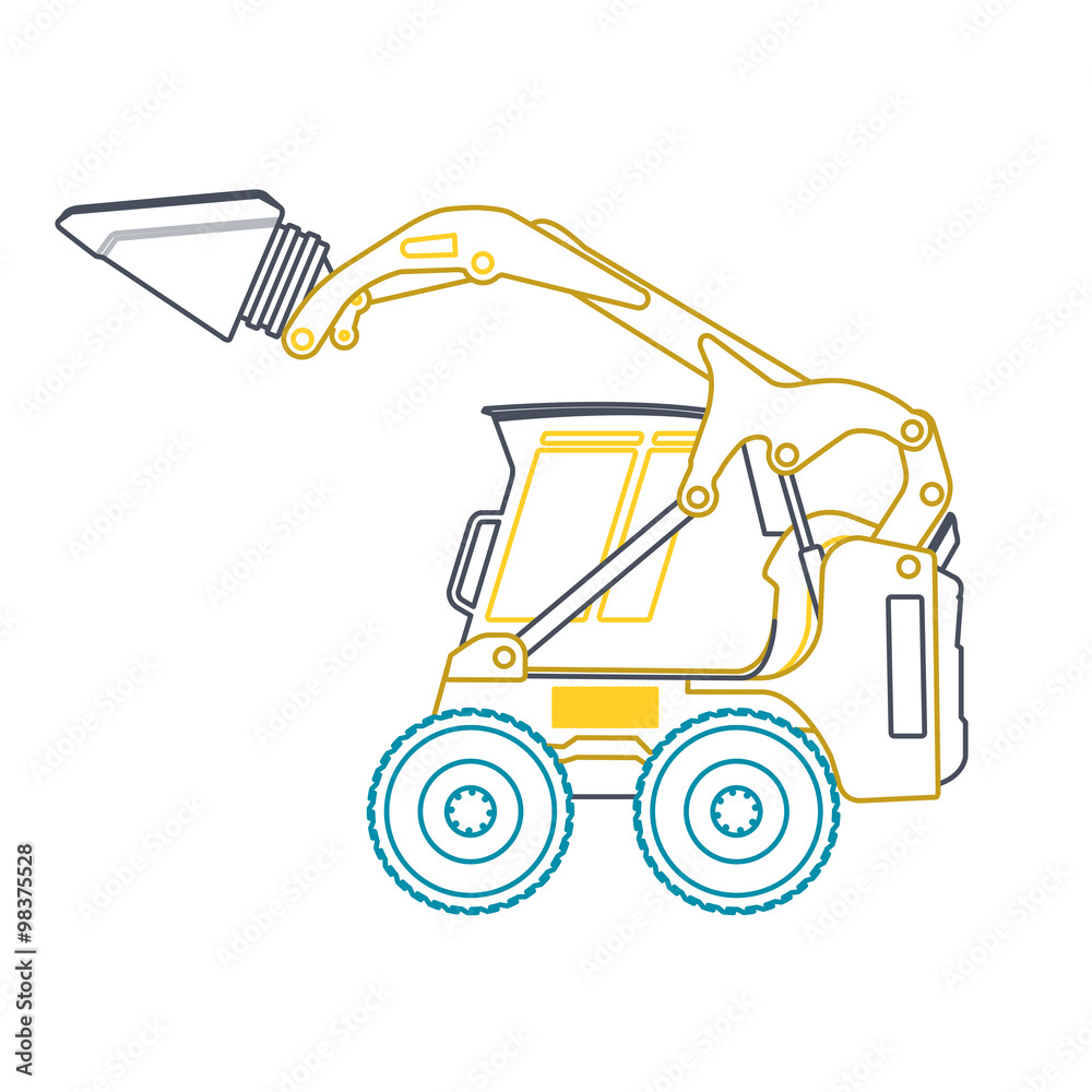 Yellow small outline digger builds roads, loads building material ...