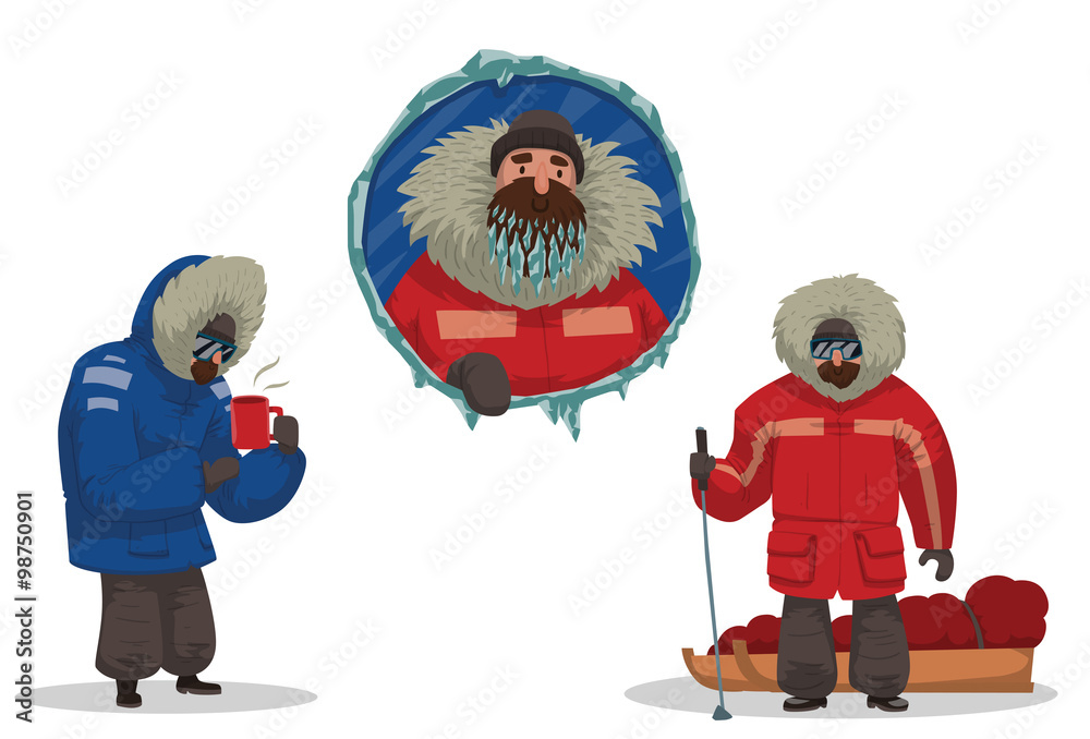 Vector Set of Polar explorers. Cartoon image of polar explorers in warm ...